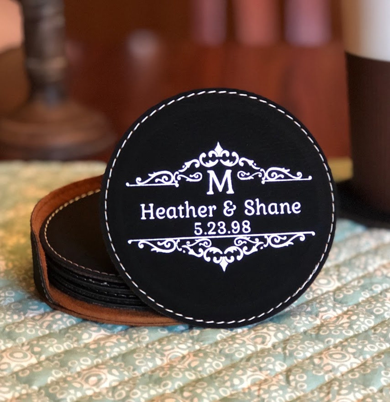 Personalized Round Leather Coasters Set of 6 W/holder Custom | Etsy