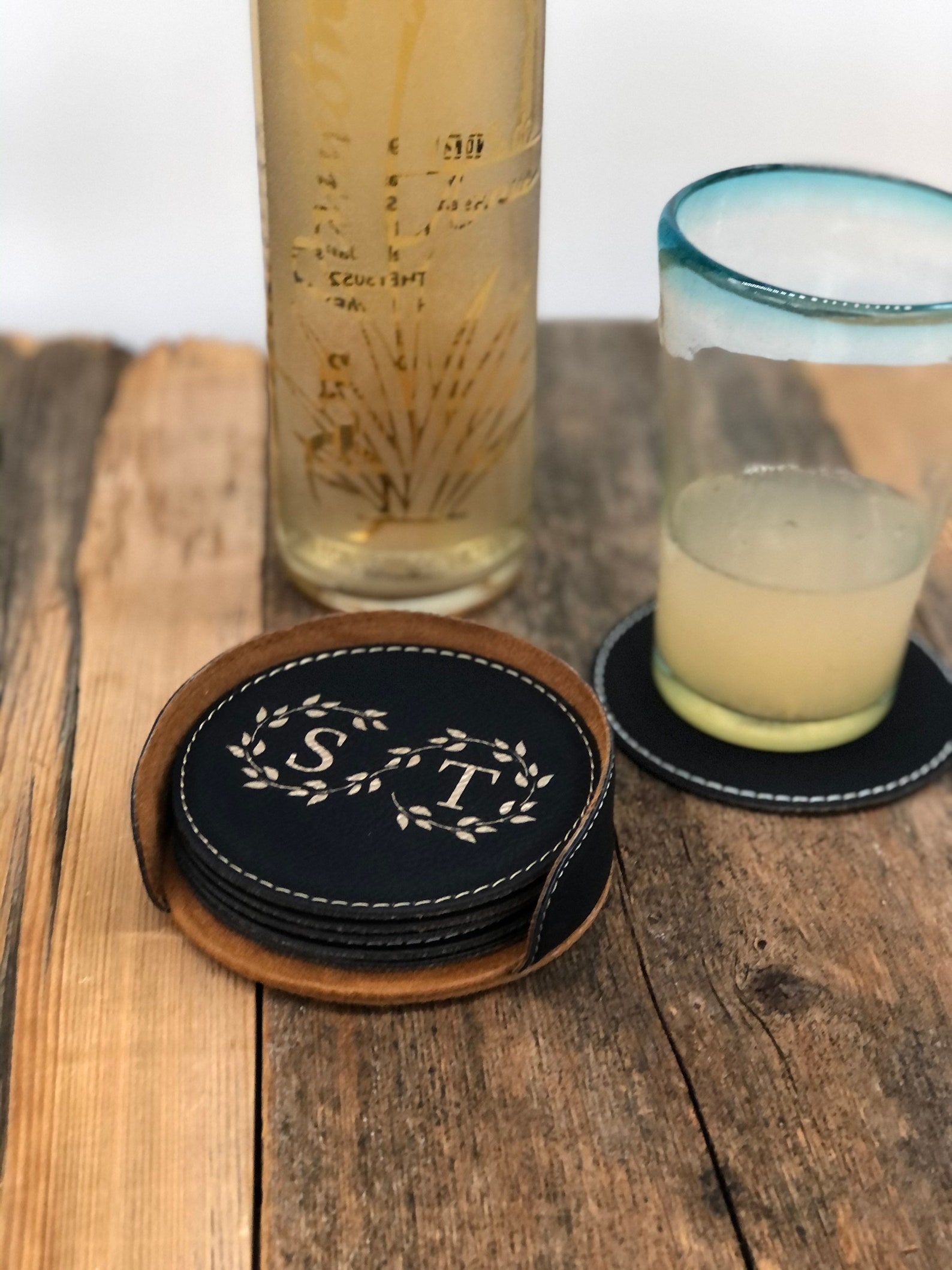 Personalized Leather Coasters Set 6 W/holder Engraved | Etsy