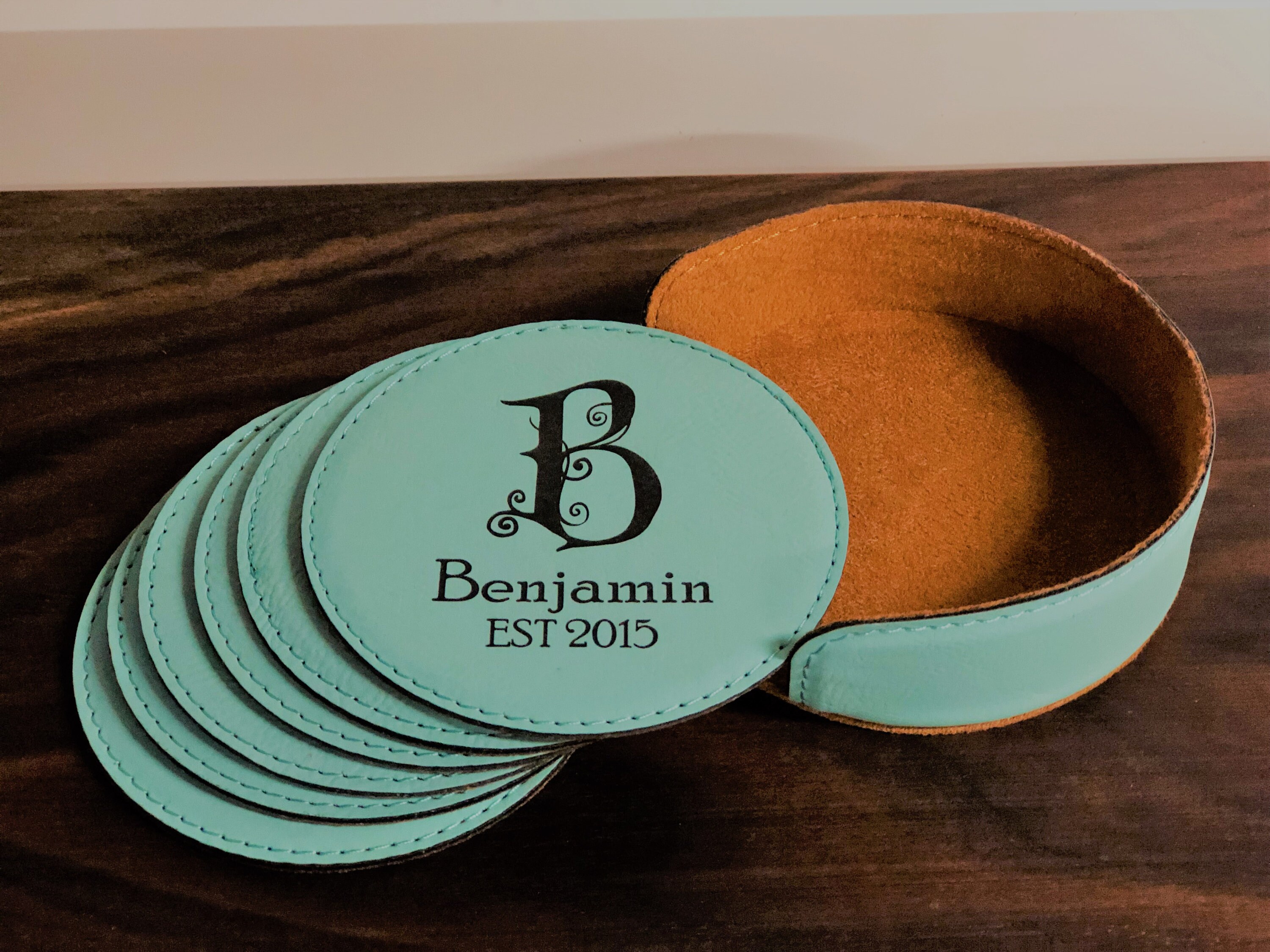 Personalized round leather coasters set of 6 w/ holder Custom | Etsy