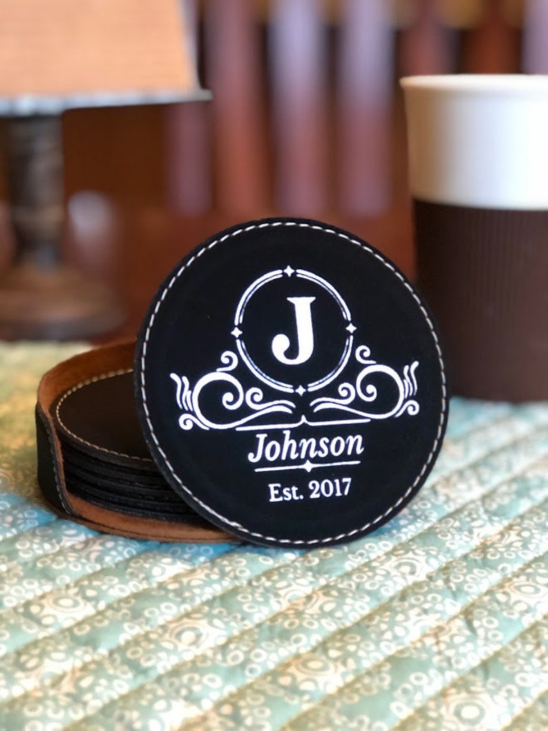 Personalized Round Leather Coasters Set of 6 W/holder Custom - Etsy