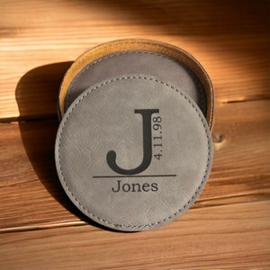 Personalized Round Leather Coasters Set of 6 W/holder, Custom Coasters ...