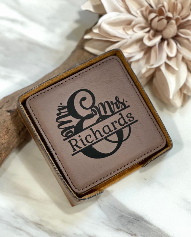 Personalized Leather Coasters Set of 6 W/holder Custom - Etsy