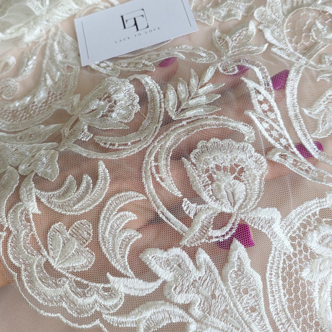 Cream Lace With Pearls, Ivory Wedding Lace Fabric, Bridal Lace by the ...
