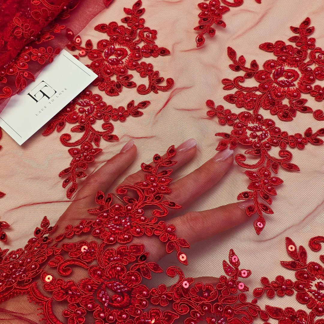 Red Lace Fabric, Red French Lace Fabrics With Beads, Embroidered Bridal ...