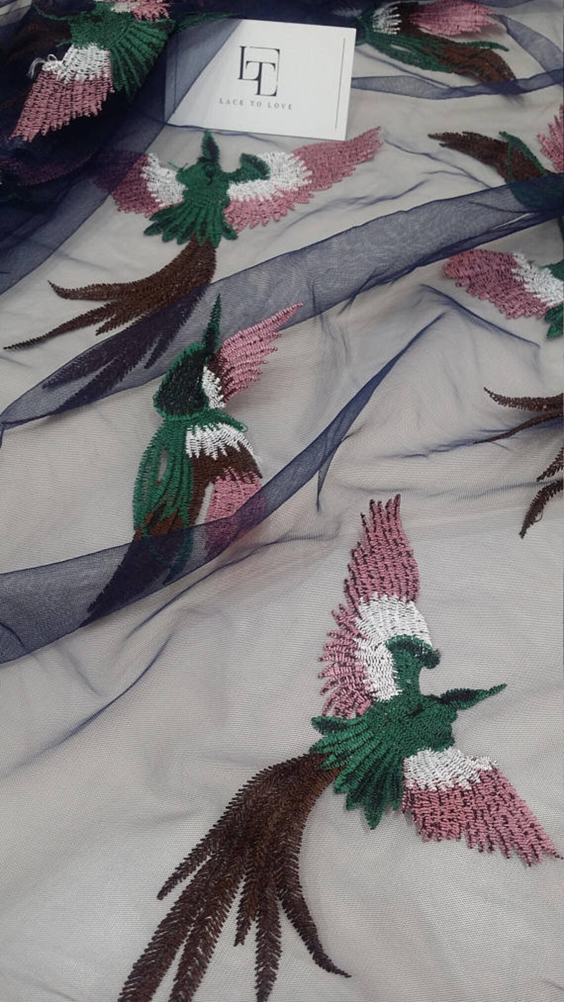Blue Lace With Colorful Birds. Lace Fabric Blue - Etsy