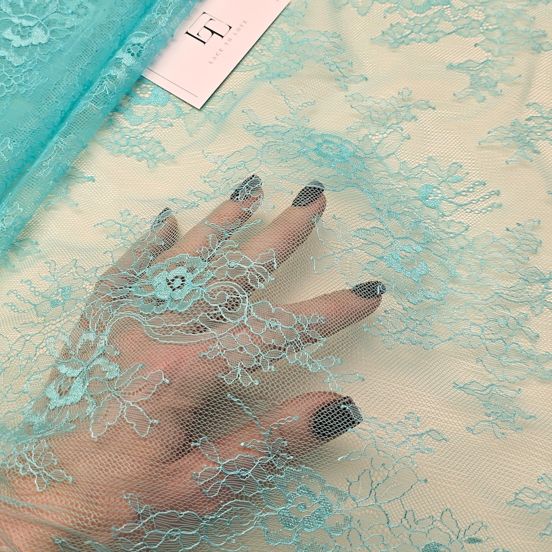 Blue Lace Fabric, Aqua Blue French Chantilly Lace Fabrics, Turquoise ...