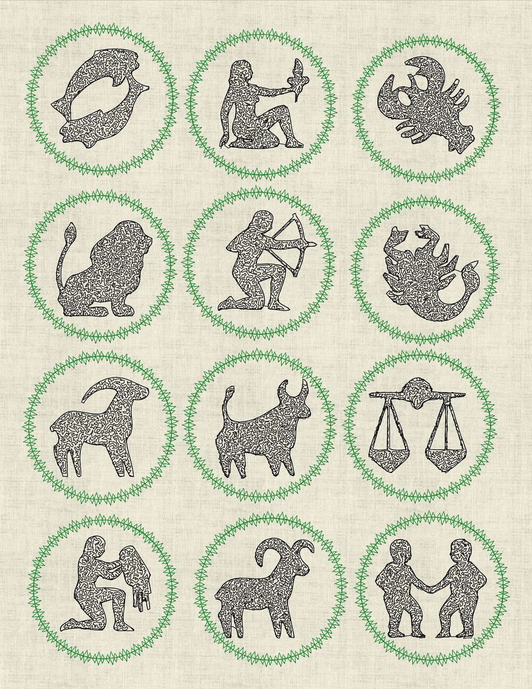 Stickdatei 12 Sternzeichen, Zodiac Maschinenstickerei Set 762 Doodle ...