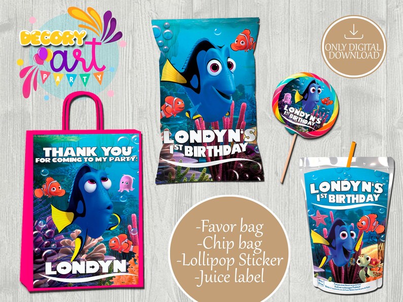 Finding Dory - Nemo Pack - Chip Bag - Lollipop - Favor Bag- Juice Label ...