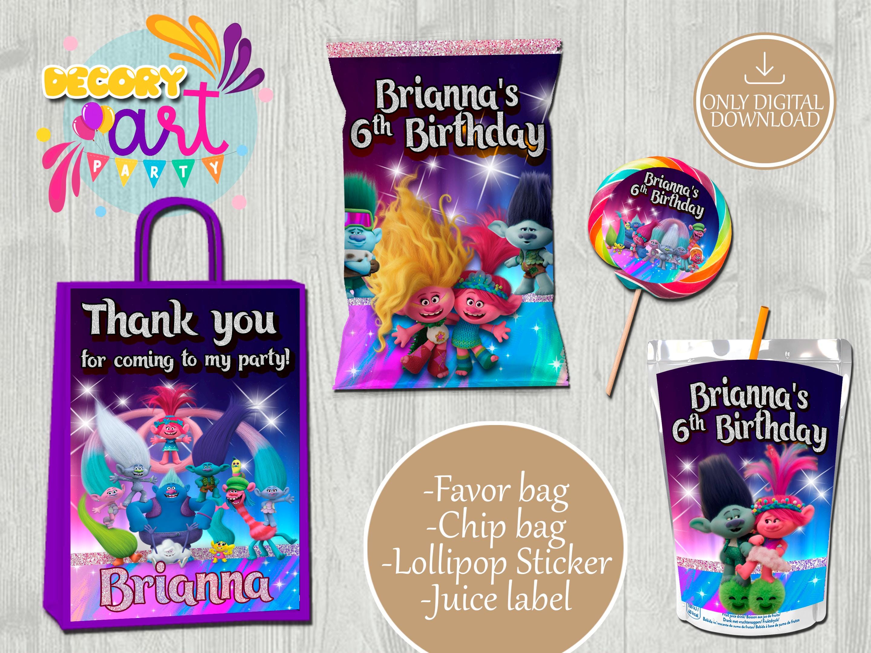 Trolls Pack - Chip Bag - Lollipop - Favor Bag- Juice Label - Printables ...