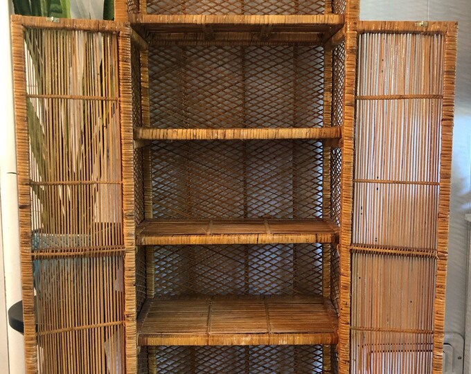 SHIPS FREE- Large Vintage Rattan Bookshelf/ Shelving/ Storage Unit With ...