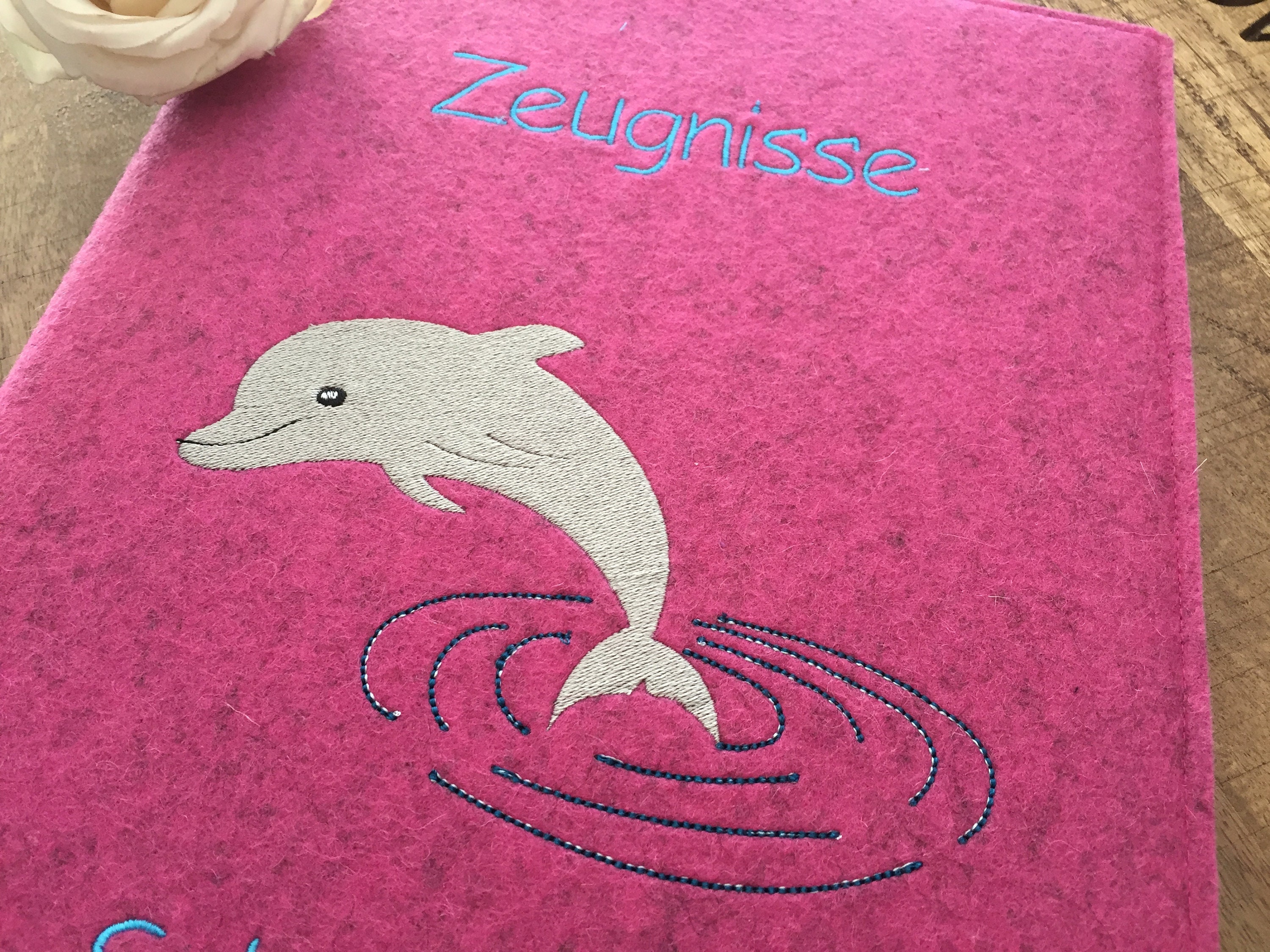 Certificate folder - dolphin, pink, 100% wool felt, folder for ...