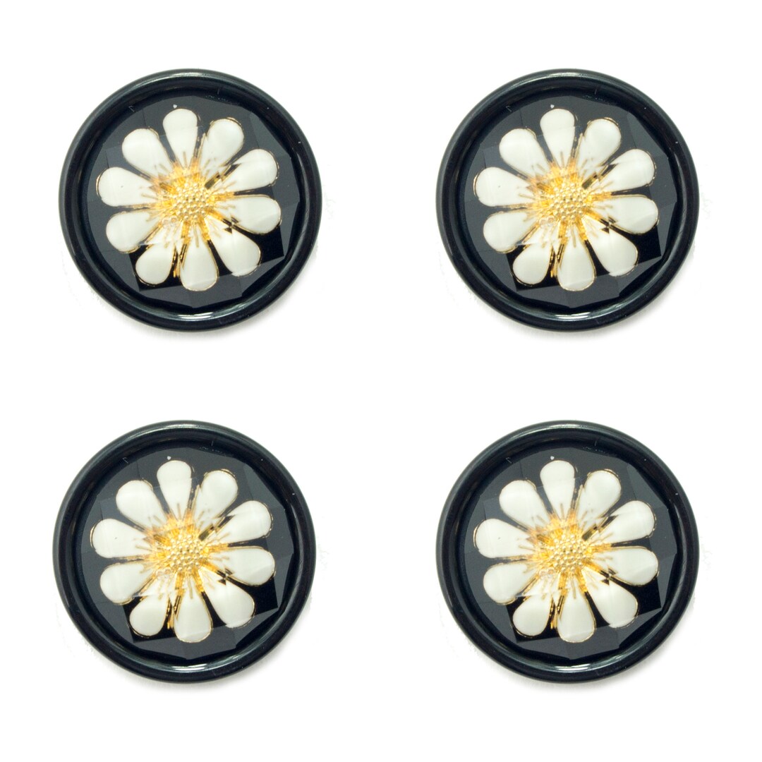 Set of 4 White and Gold Tone Chamomile Flower Buttons in a Black ...