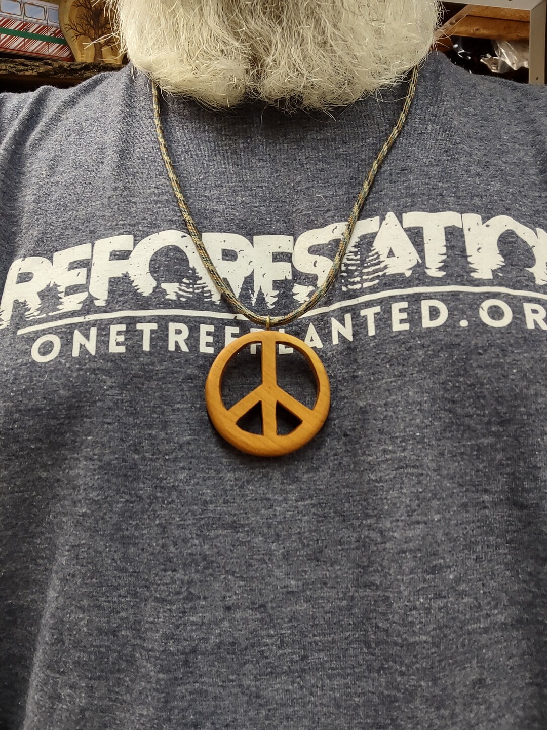 2-1/8" Dia X 3/8" Thick Hand Formed Cherry Wood Peace Sign Necklace, 26 ...