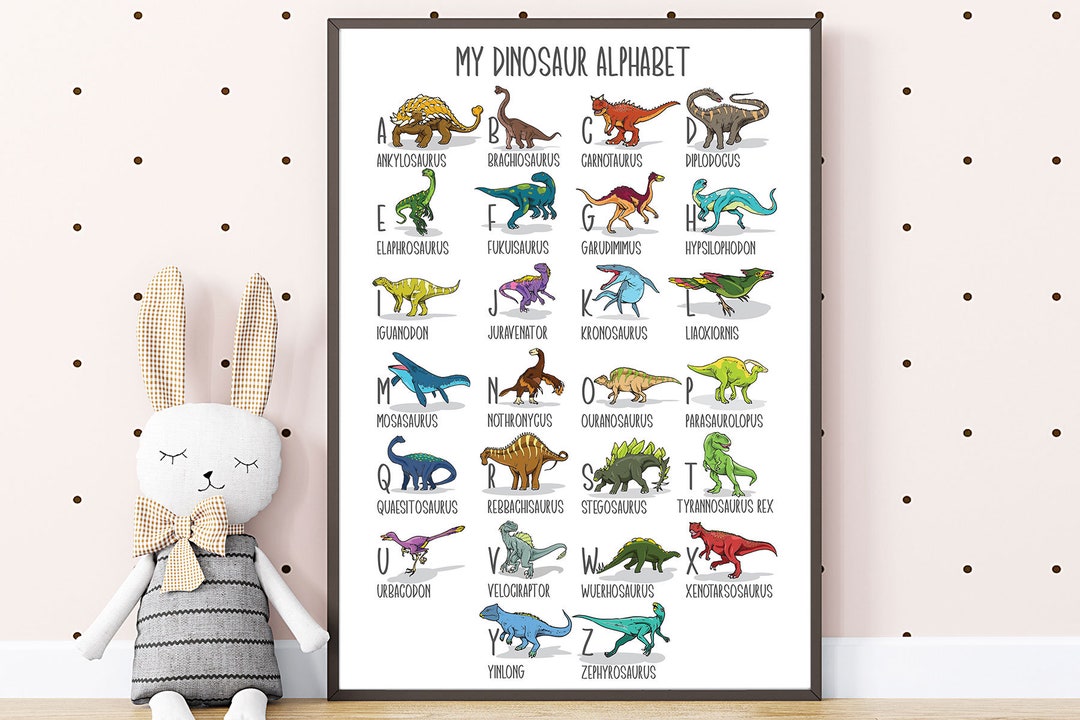 Dinosaur Alphabet Letter Art, Printable Dino Poster, A-Z Dinosaur List ...