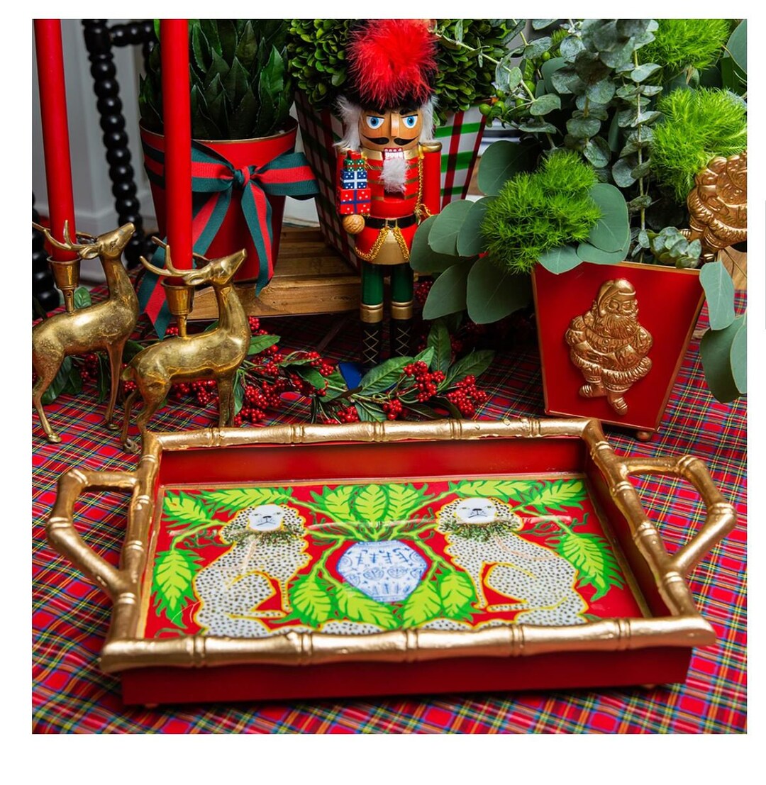 Red and Gold Staffordshire Dog Bamboo Handled Tray - Etsy