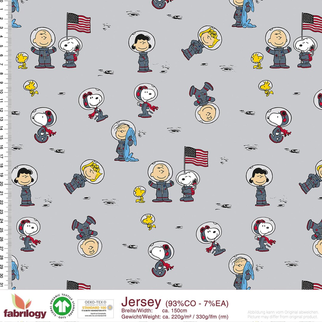 GOTS BIO Stretch Jersey Peanuts Snoopy Astrotime auf hellem grau von ...
