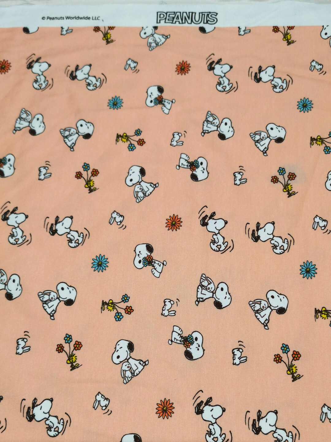 GOTS ORGANIC Stretch Jersey Snoopy and Bunny Springtime on Pink Apricot ...