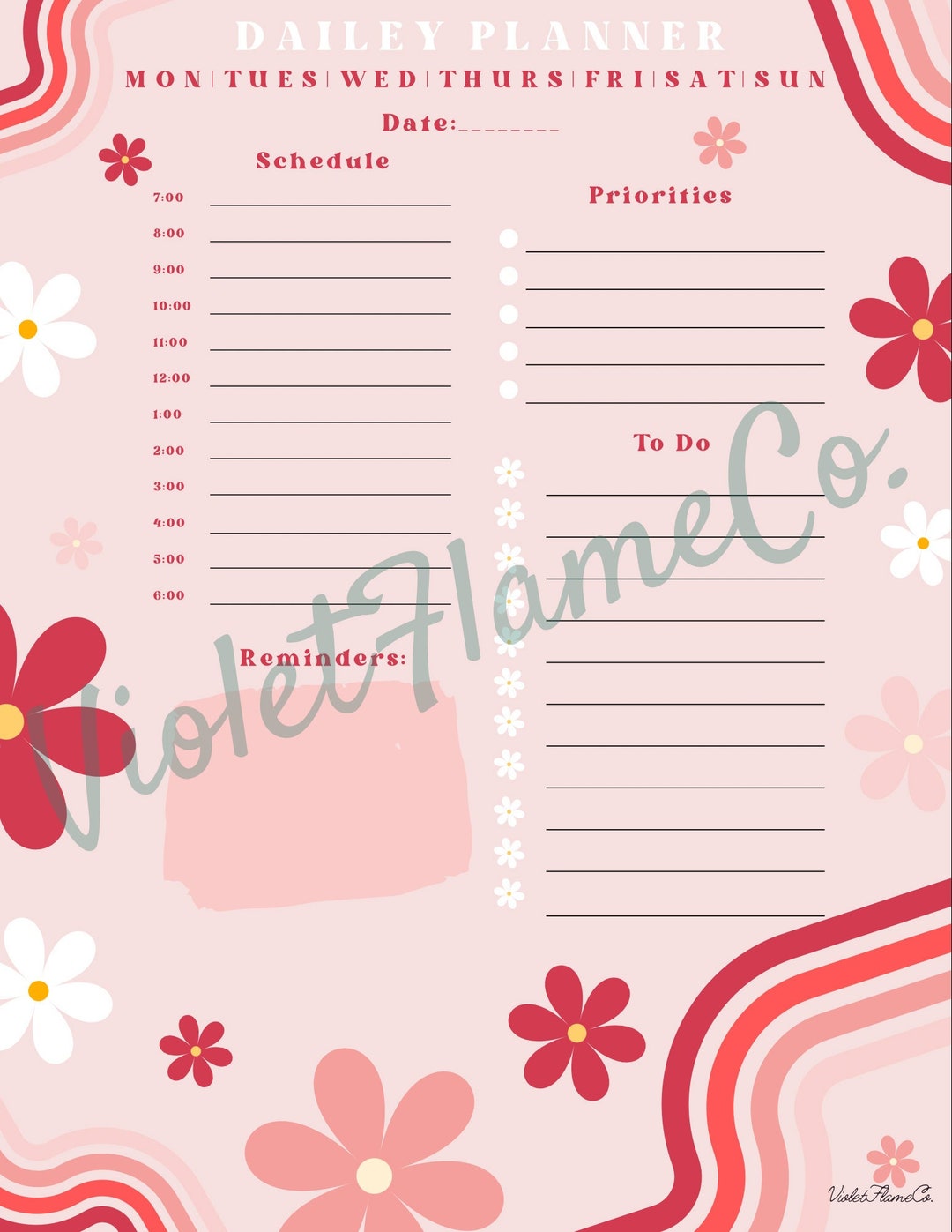 Retro Flower Daily Planner Pink Digital Instant Download - Etsy