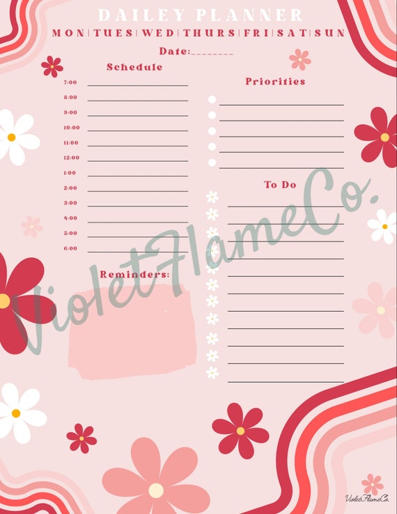 Retro Flower Daily Planner Pink Digital Instant Download - Etsy