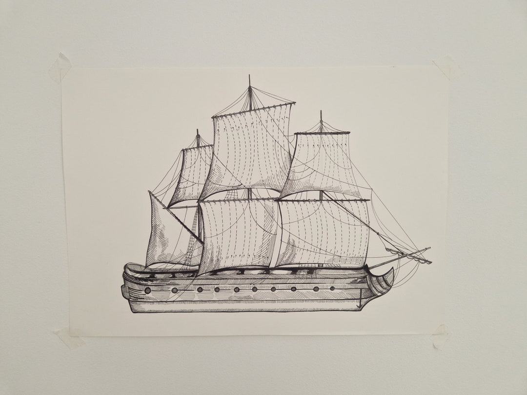 Large A2 Original Ship Drawing, Sailing Ship Illustration, Boat Artwork ...