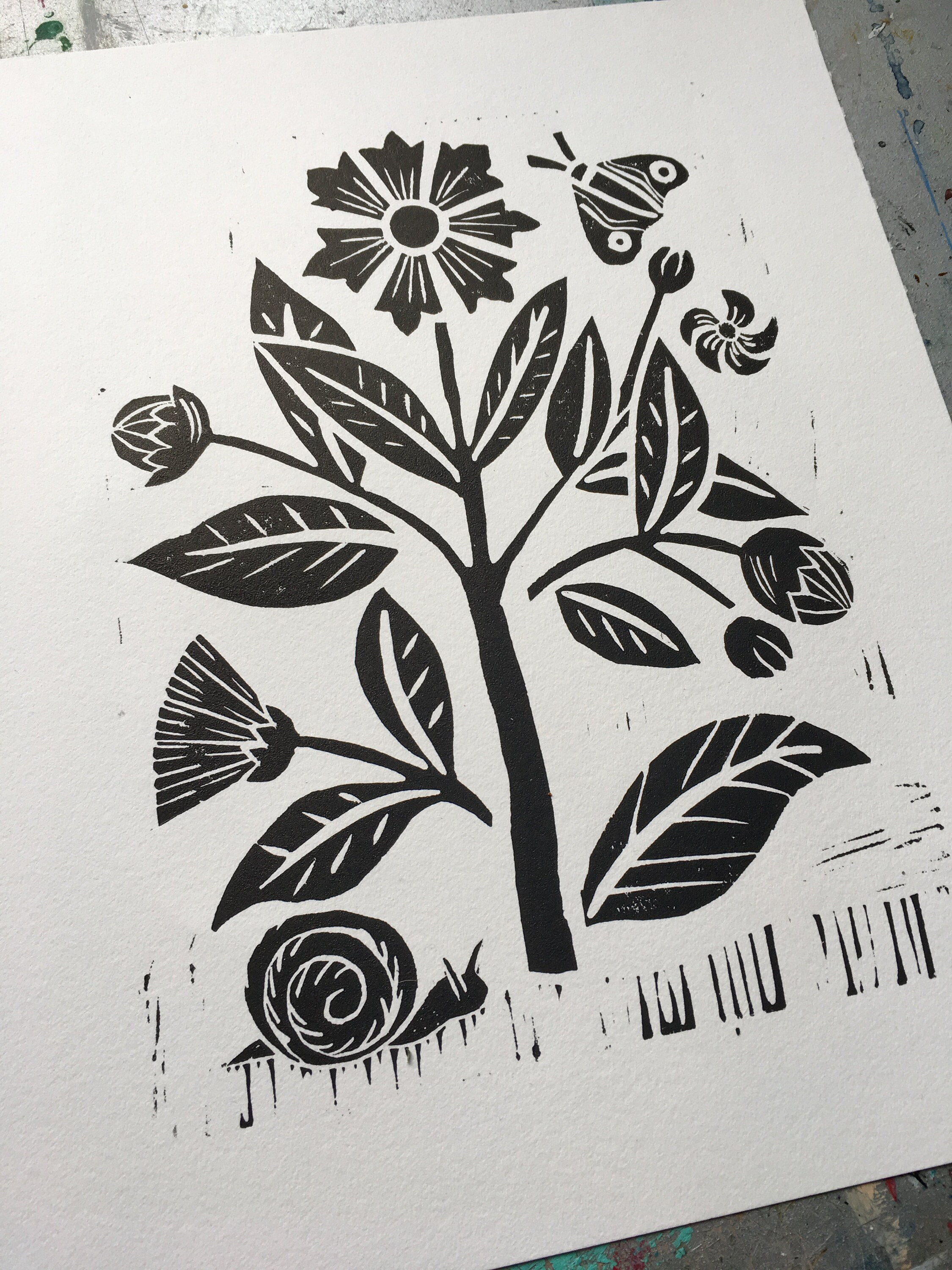 Flower and Snail Lino Print / Butterfly / Plant / Lino / Black | Etsy