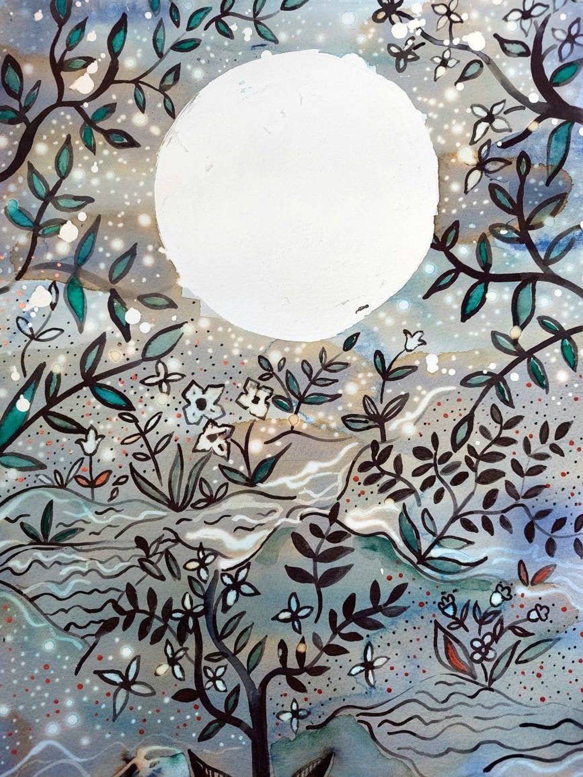 Moon Painting / Folk Art / Wall Art / Floral Decorative | Etsy