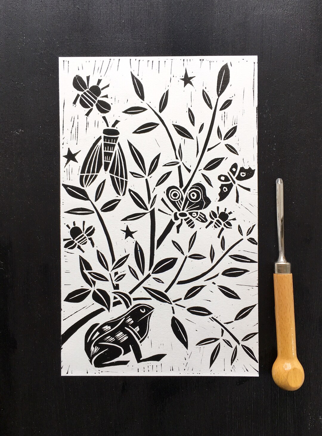 ORIGINAL Insects & Frog Lino Print, Lino, Black and White, Home Decor ...