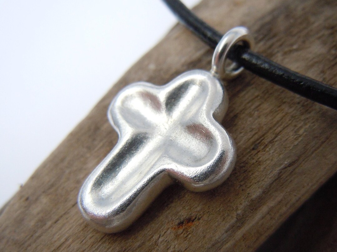Rounded Silver Cross, 925 Silver, Indented, on a Leather Cord or Chain ...