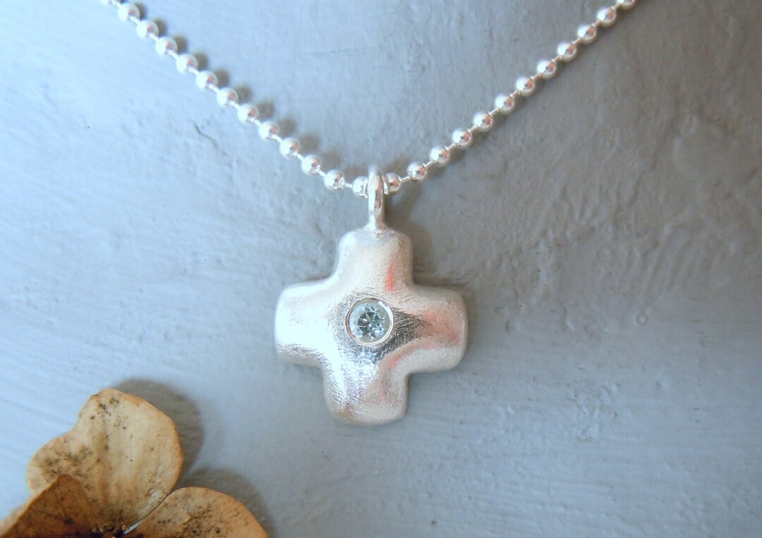 Round Silver Cross Light Blue Topaz Made of 925 Silver on Leather Strap ...