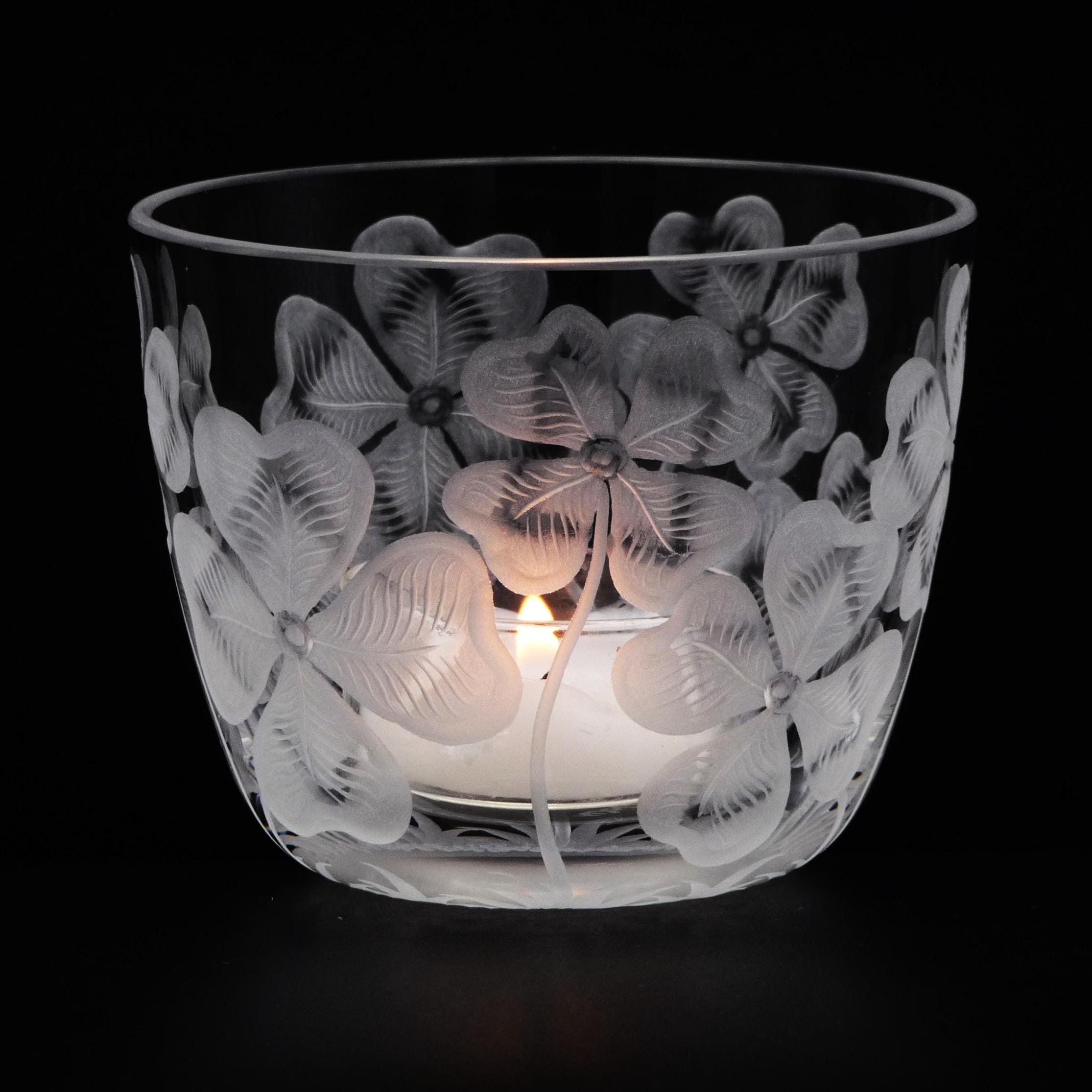 Lantern Candle Holder Lucky Clover Deep Cut Engraving Mouth Blown Hand ...
