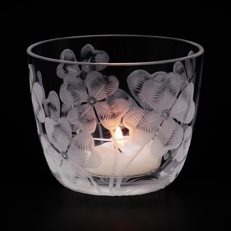 Lantern Candle Holder Lucky Clover Deep Cut Engraving Mouth Blown Hand ...