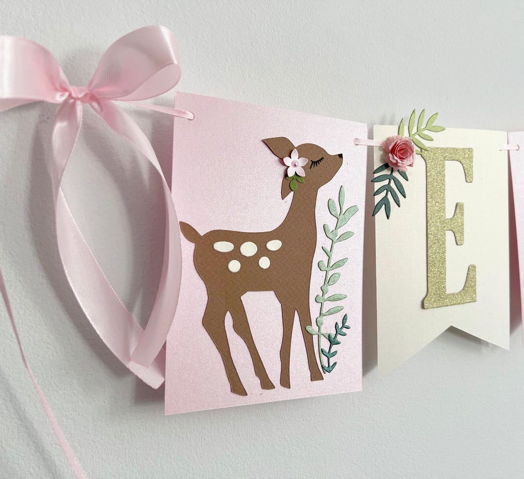 DEER NAME Banner - Custom Little Deer Banner. Fawn Floral Baby Shower ...