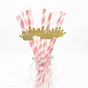 10 Princess Crown Paper Straws - Pink Gold Party Decorations Gold Crown ...