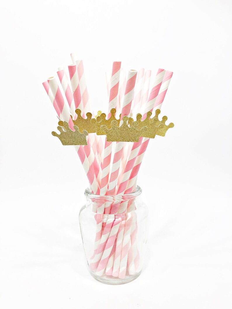 10 Princess Crown Paper Straws Pink Gold Party Decorations | Etsy