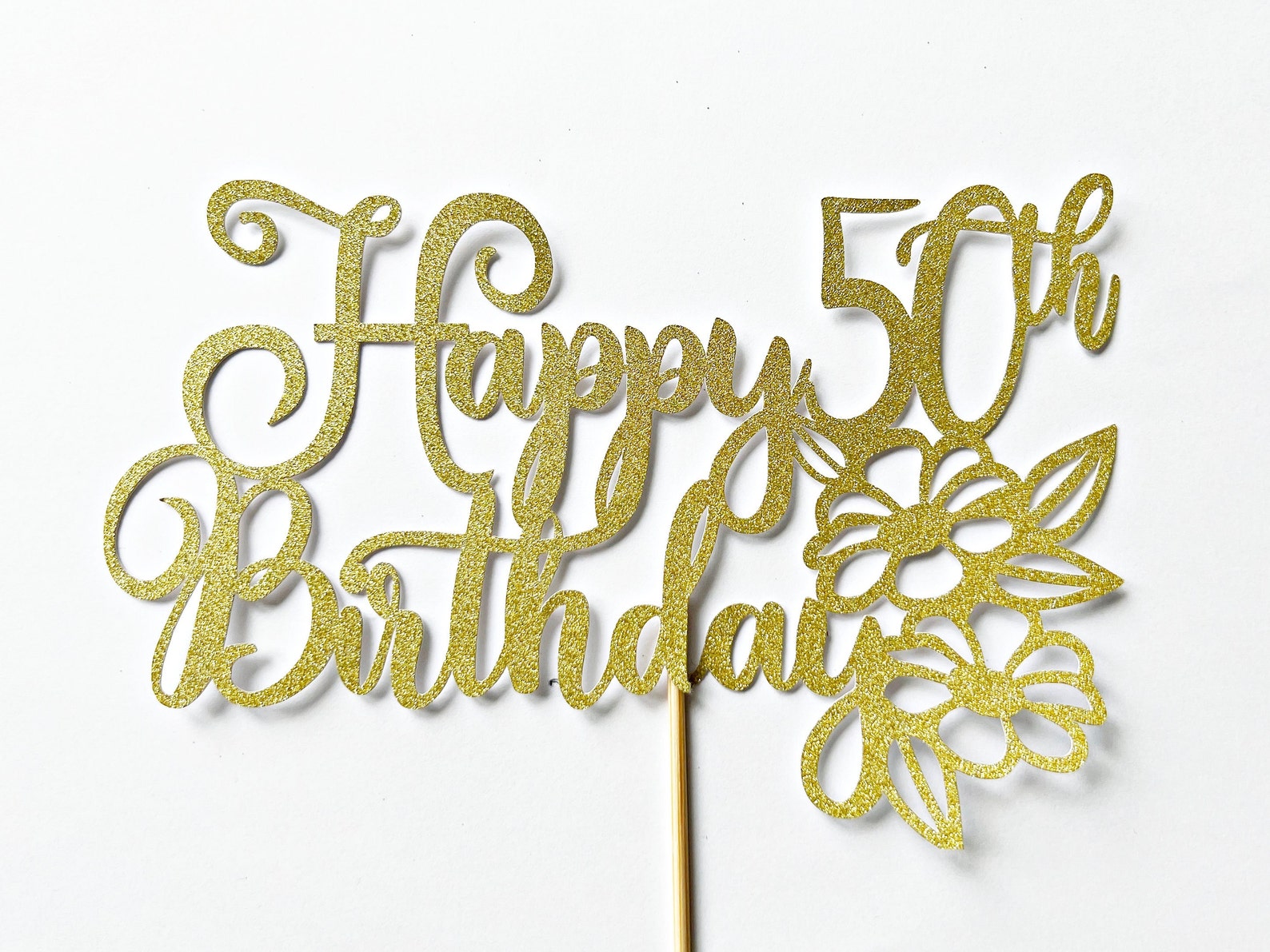 Floral 50th Birthday Cake Topper 50th Fifty Glitter Cake Etsy