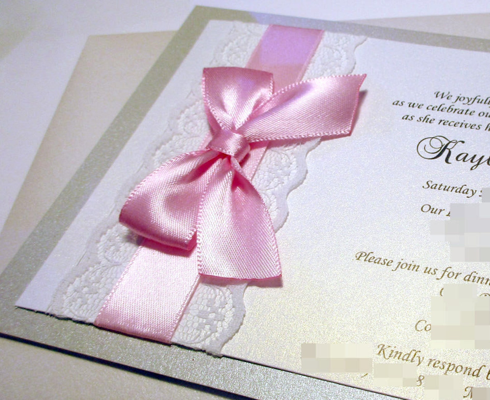 Blush Pink Baptism Invitations, Lace Bow Invitation, Mi Bautizo ...