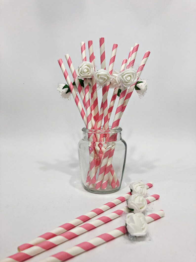 Tea Party Decorations. 10 Flower Paper Straws. Pink Rose Paper Straws ...