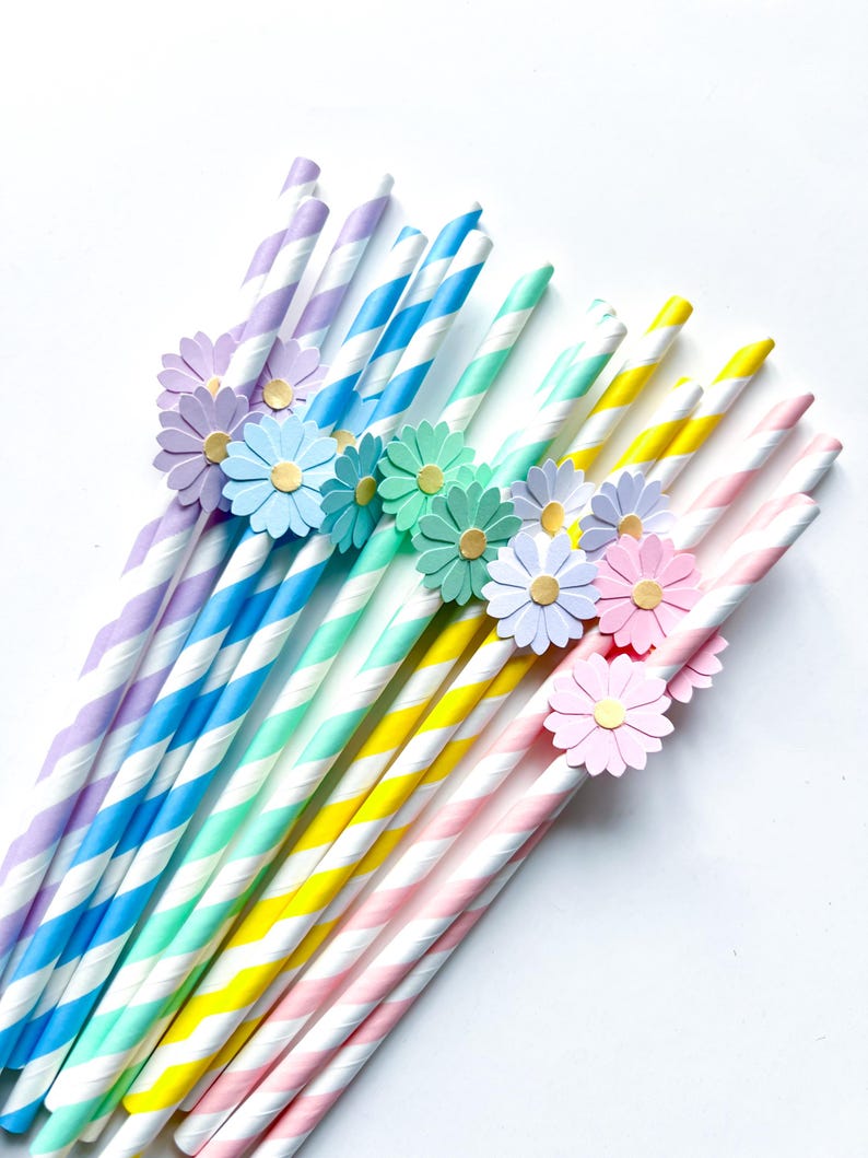 10 Daisy Paper Straws - Floral Pastel Rainbow Birthday Decorations ...