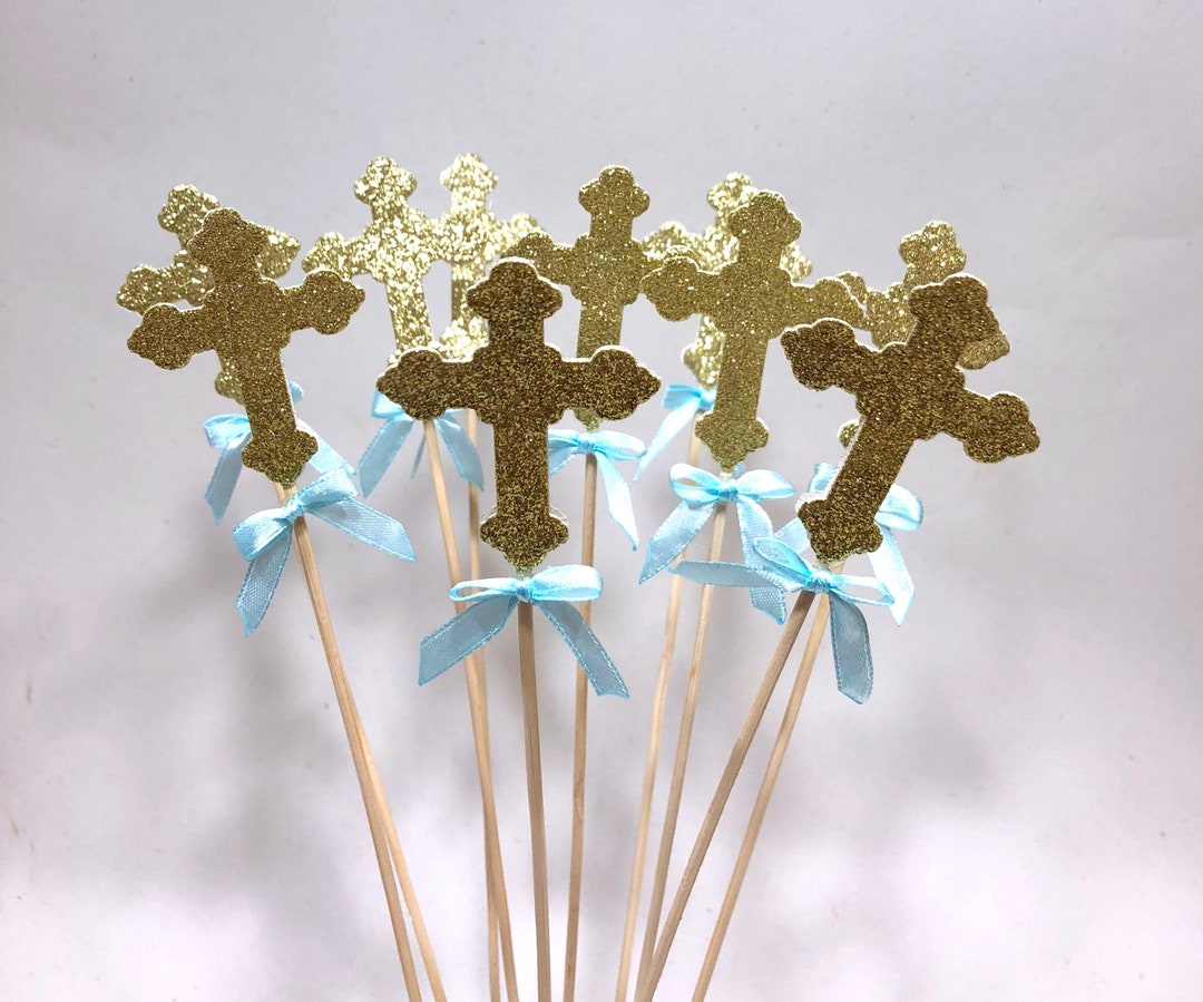 Set of 3 Glitter Cross Baptism Centerpieces - Glitter Cross With Bow ...