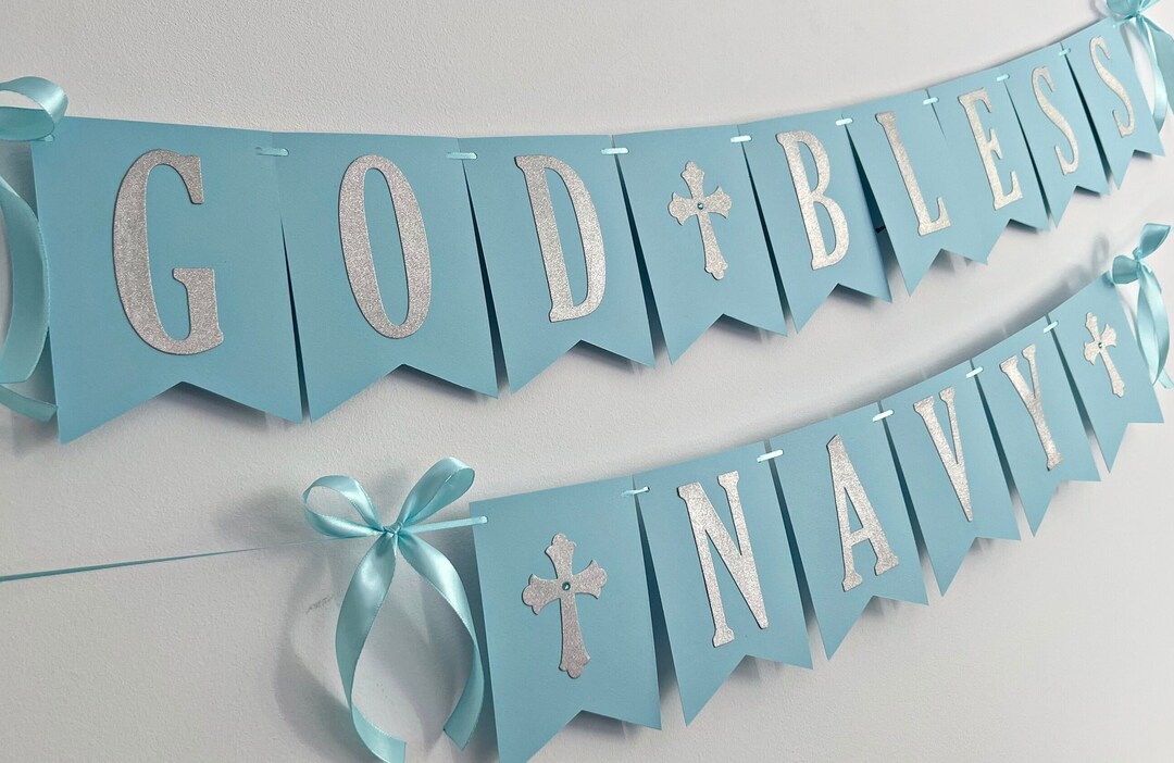 GOD BLESS Banner - Boy, Girl Baptism SIGN. Royal Blue & Silver God ...