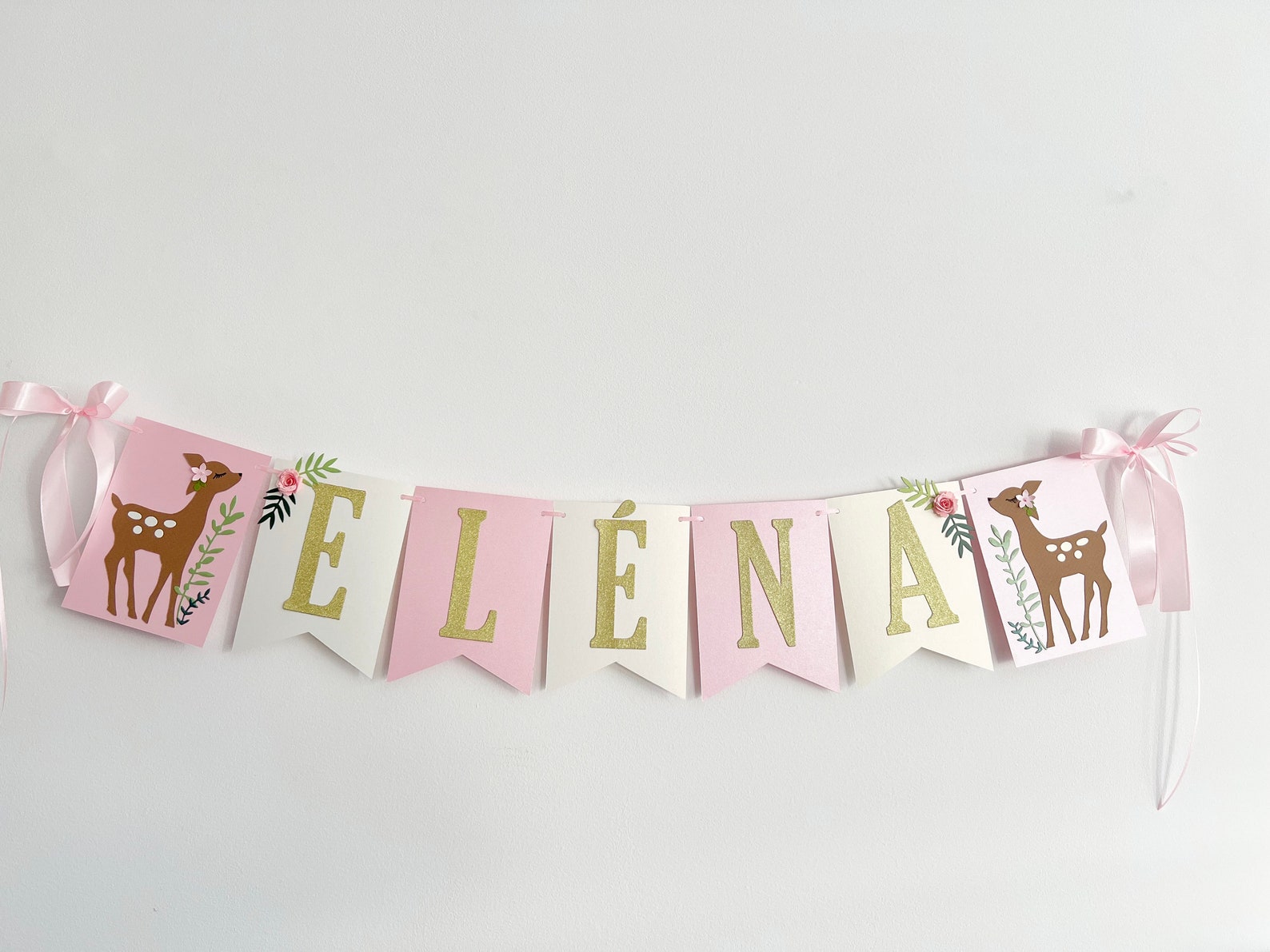 DEER NAME Banner - Custom Little Deer Banner. Fawn Floral Baby Shower ...