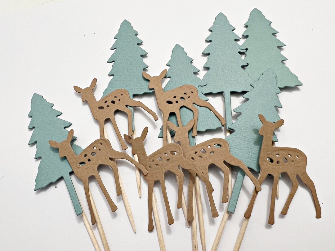 Deer and Pine Trees Cupcake Toppers - Fawn Buck Deer Cupcake Toppers ...