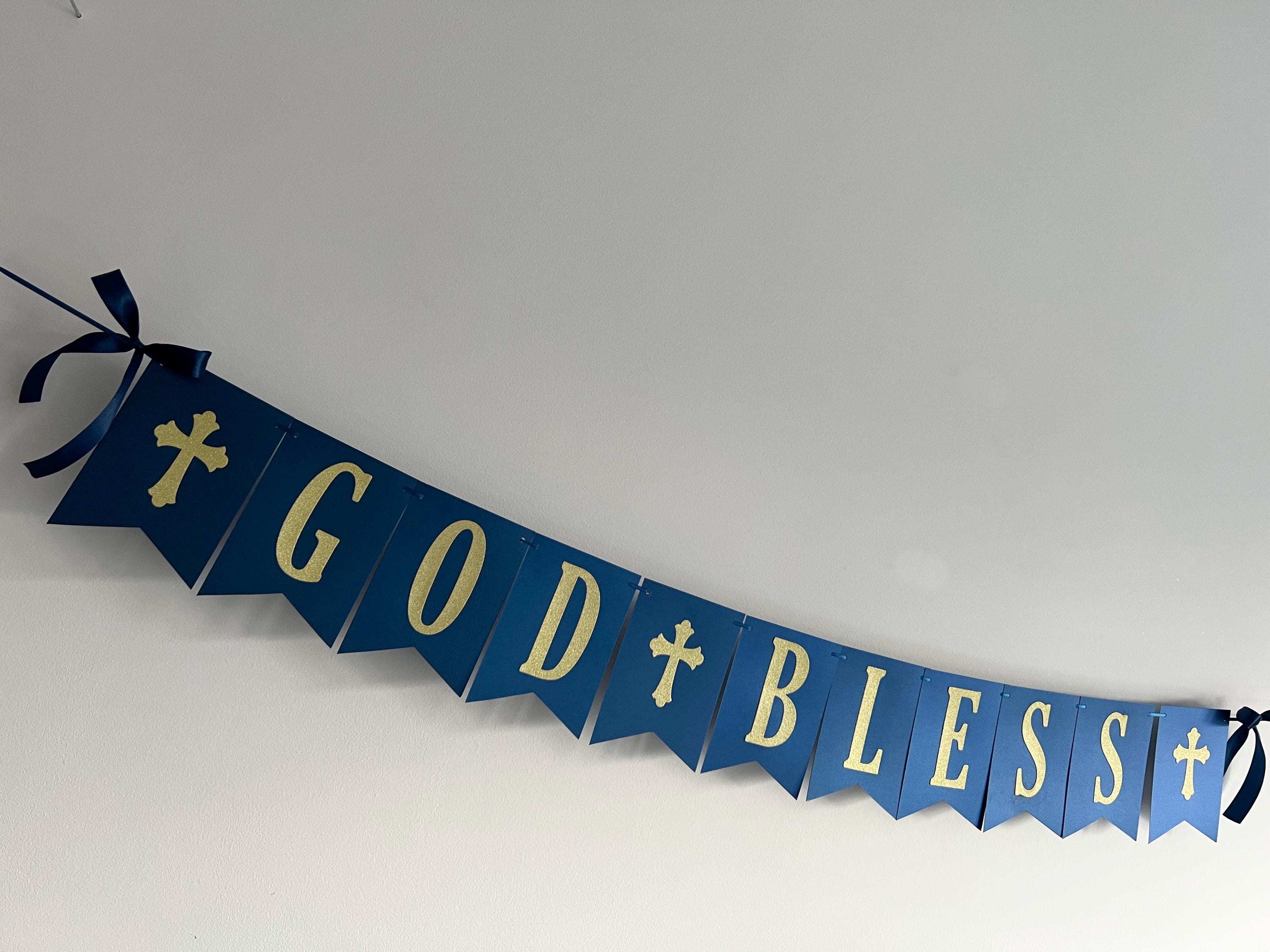 GOD BLESS Banner - Boy, Girl Baptism SIGN. Royal Blue & Silver God ...