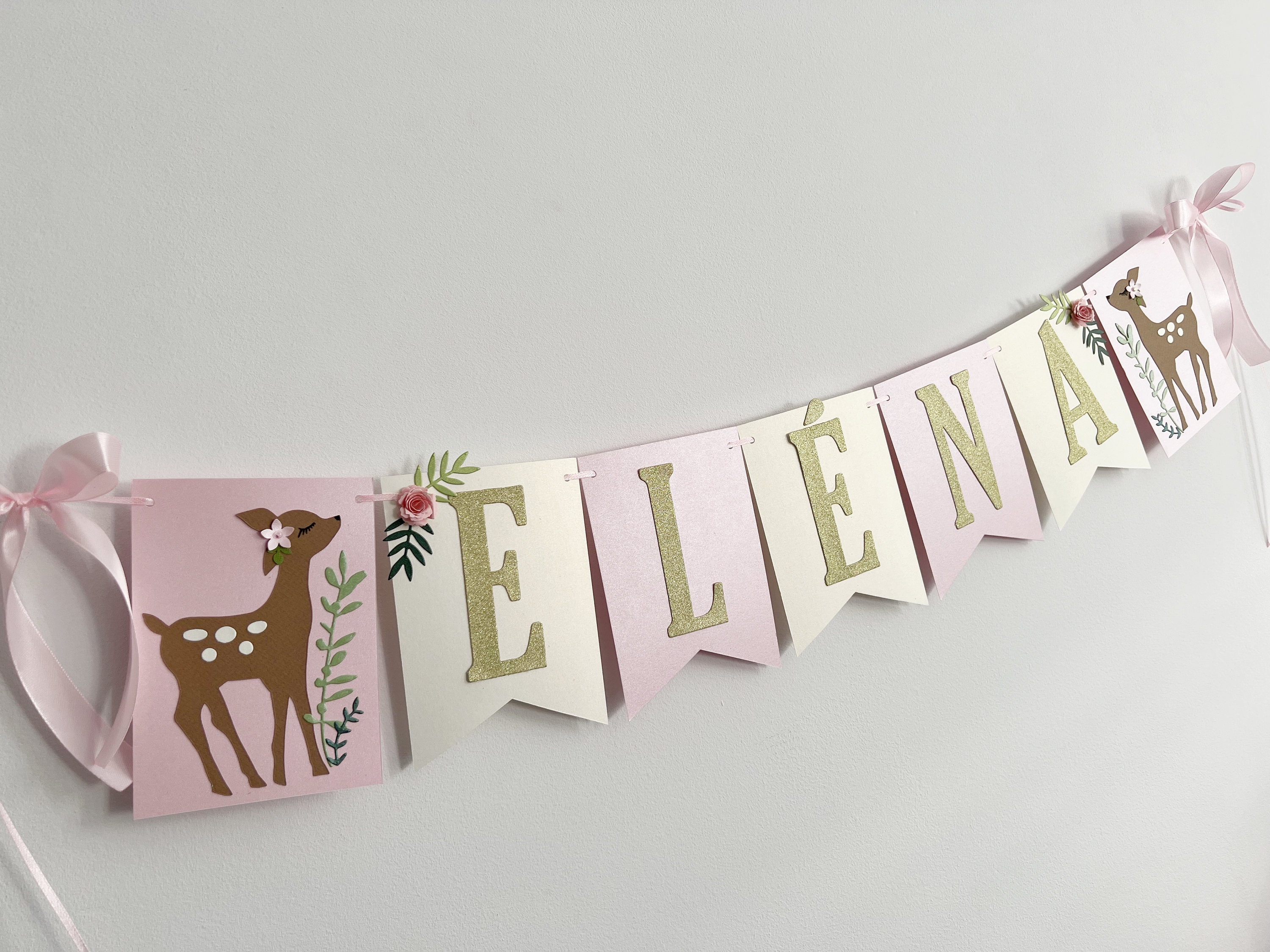 DEER NAME Banner - Custom Little Deer Banner. Fawn Floral Baby Shower ...
