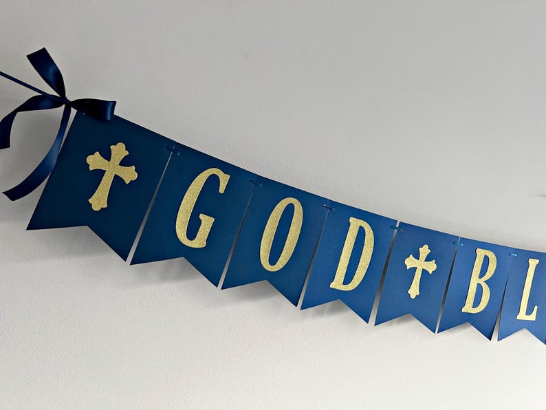 GOD BLESS Banner - Boy, Girl Baptism SIGN. Royal Blue & Silver God ...