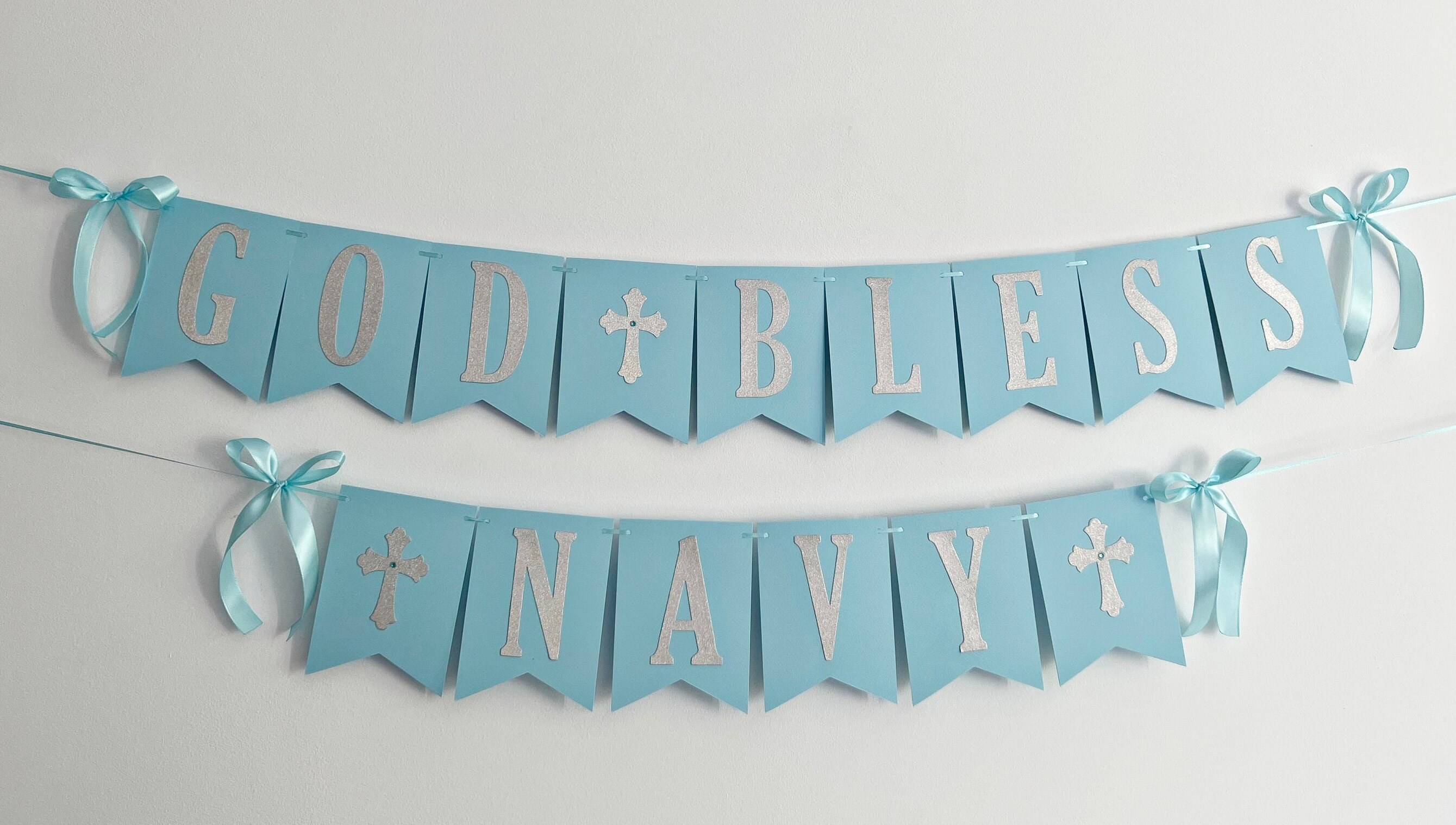 GOD BLESS Banner - Boy, Girl Baptism SIGN. Royal Blue & Silver God ...