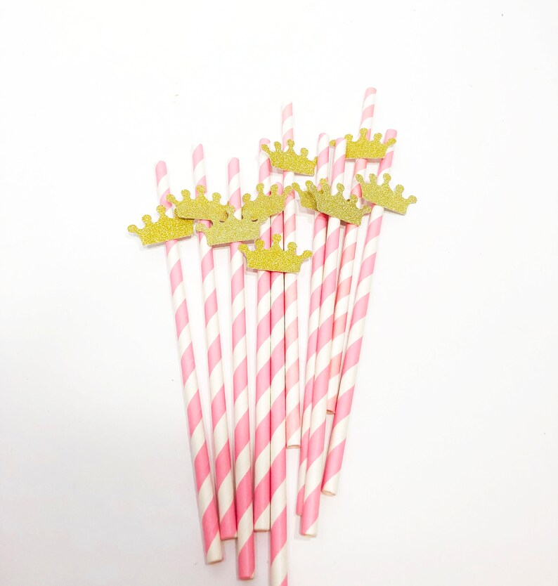 10 Princess Crown Paper Straws - Pink Gold Party Decorations Gold Crown ...