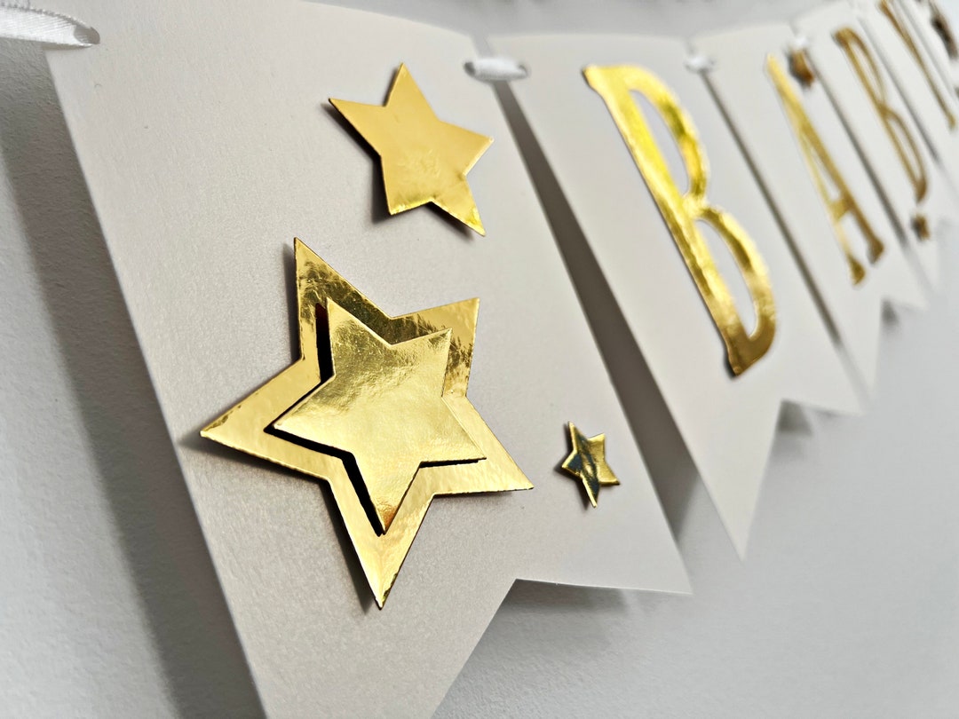 Twinkle Star Baby Shower Banner: 3D Stars & Gold Letters. Star First ...
