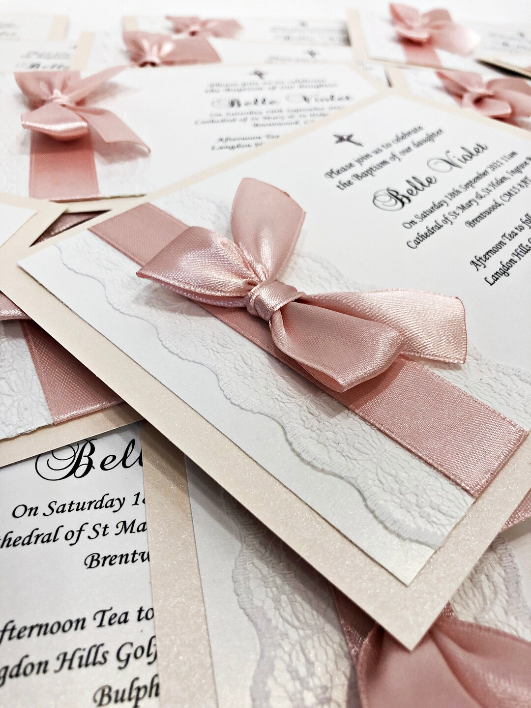 Blush Pink Baptism Invitations, Lace Bow Invitation, Mi Bautizo ...