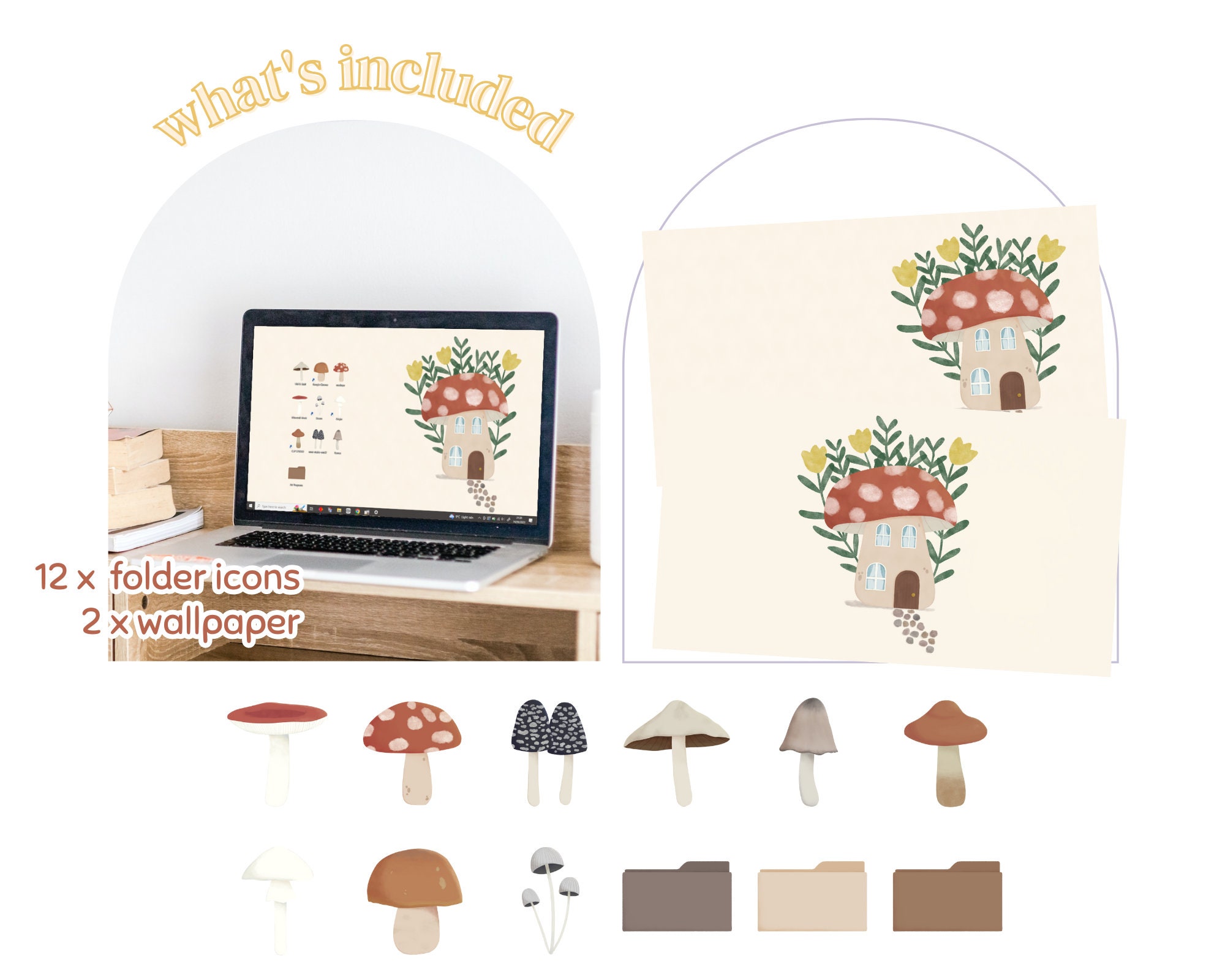 Mushroom Cottagecore Desktop Icon Pack: Folder Icons & Wallpaper ...